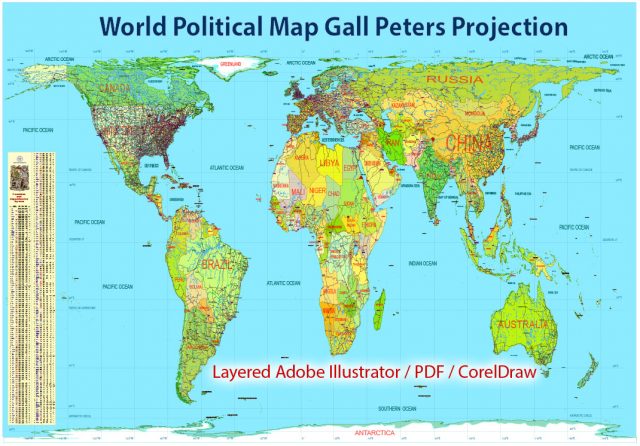 World Political Editable PDF Map 01 in Gall-Peters Projection Adobe PDF ...