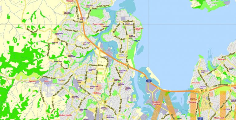 Auckland PDF Map Grande Area New Zealand, exact vector City Plan scale ...
