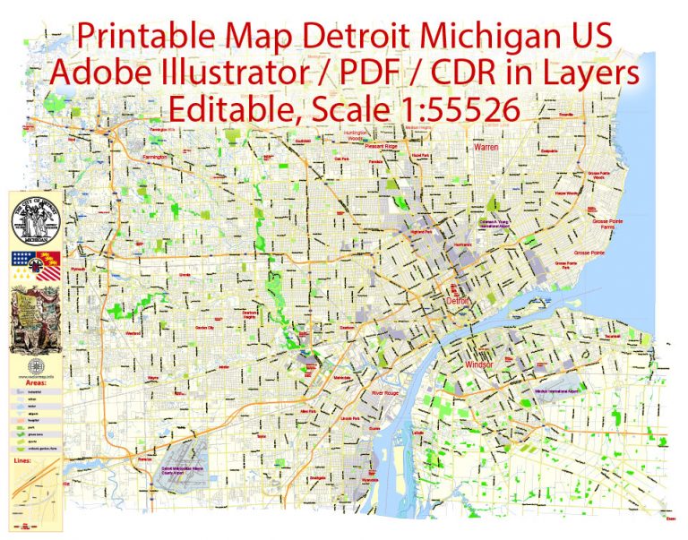 Detroit Printable Map Michigan US, exact vector City Plan scale 1:55526 ...