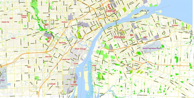 Detroit PDF Map editable Michigan US exact vector City Plan Adobe PDF ...