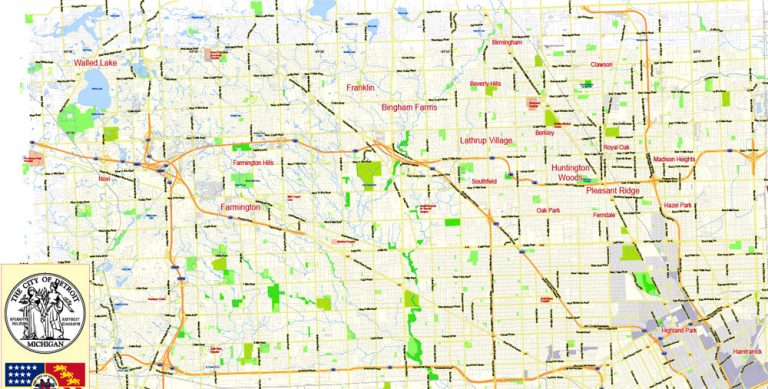 Detroit PDF Map editable Michigan US exact vector City Plan Adobe PDF ...