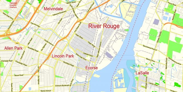 Detroit PDF Map editable Michigan US exact vector City Plan Adobe PDF ...