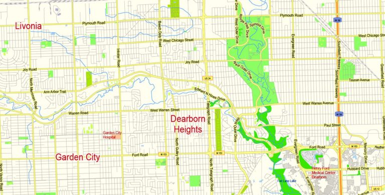 Detroit PDF Map editable Michigan US exact vector City Plan Adobe PDF ...