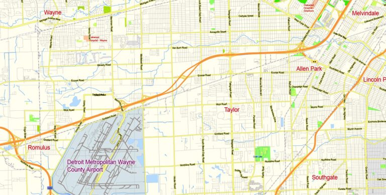 Detroit PDF Map editable Michigan US exact vector City Plan Adobe PDF ...