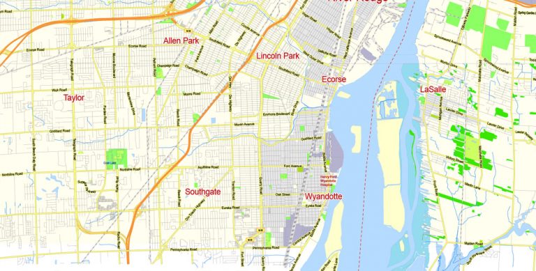 Detroit PDF Map editable Michigan US exact vector City Plan Adobe PDF ...