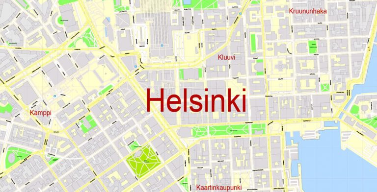 Helsinki PDF Map Finland Printable Vector, exact detailed City Plan all Buildings, 100 meters ...