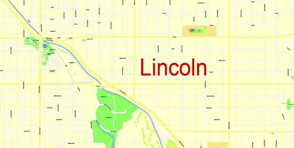 Lincoln Nebraska US Printable Street Map, exact vector City Plan scale ...