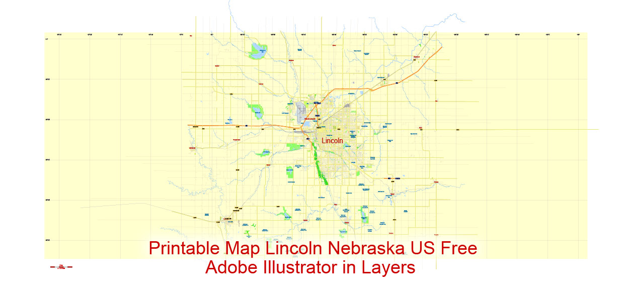 Lincoln Nebraska US free Printable Map Adobe Illustrator in Layers full ...