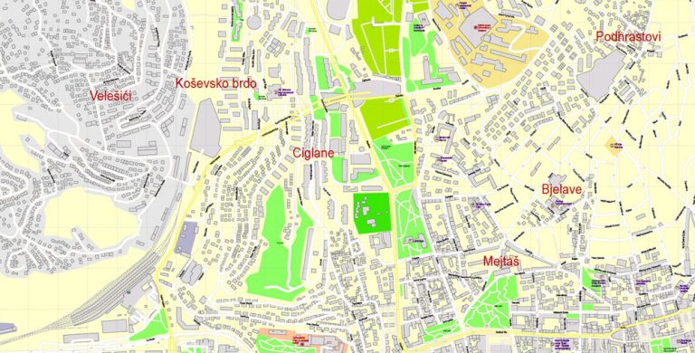 Sarajevo PDF Map all buildings Bosnia and Herzegovina Printable Vector ...