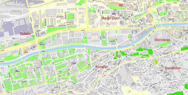 Sarajevo PDF Map all buildings Bosnia and Herzegovina Printable Vector, exact detailed City Plan ...