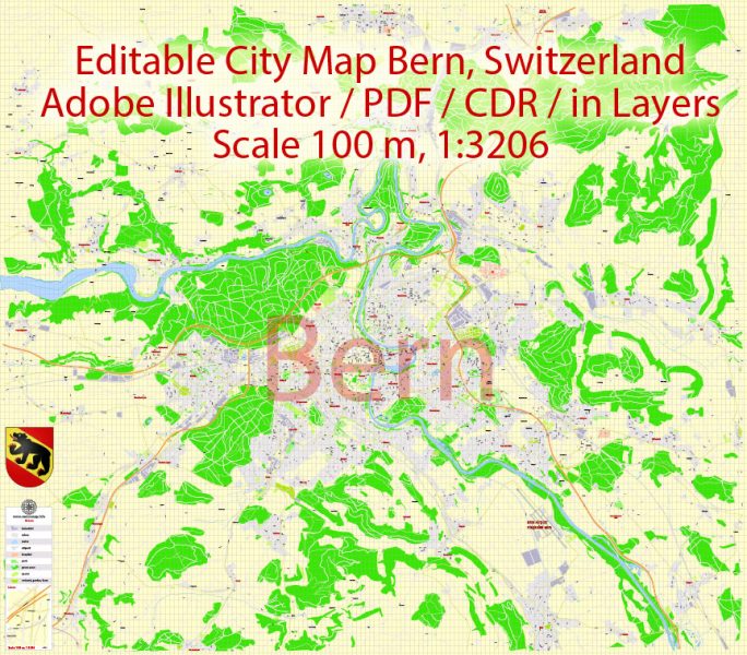 Bern Switzerland PDF Vector Map City Plan Low Detailed (for small print size) Street Map ...