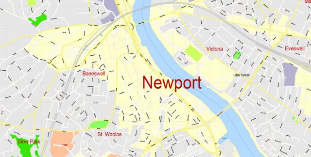 Cardiff + Newport Wales UK Map PDF Printable Vector exact detailed City ...