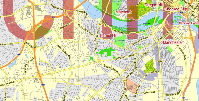 Richmond Map Vector Virginia, Printable exact detailed City Plan, Scale ...