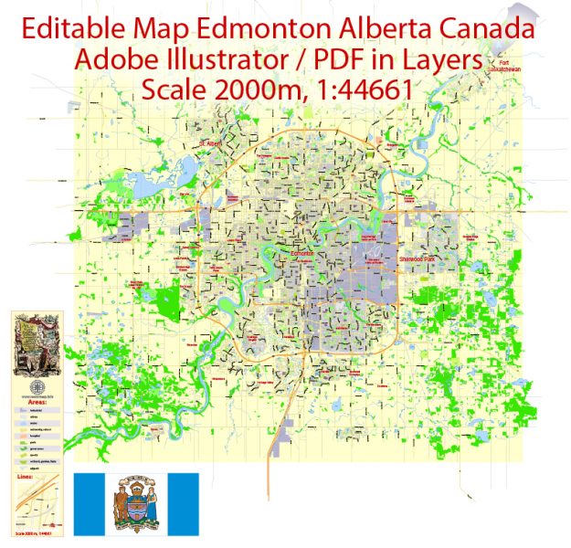Edmonton PDF Map Printable Vector, 2 km scale Street Map editable City ...
