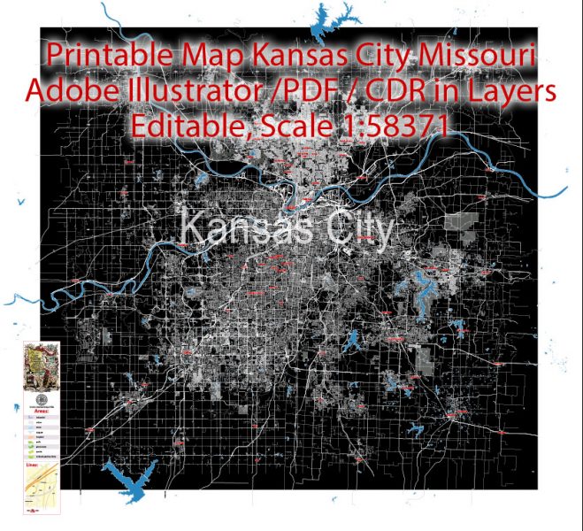 Kansas City Missouri US, exact vector Map City Plan scale 1:58371 BW ...
