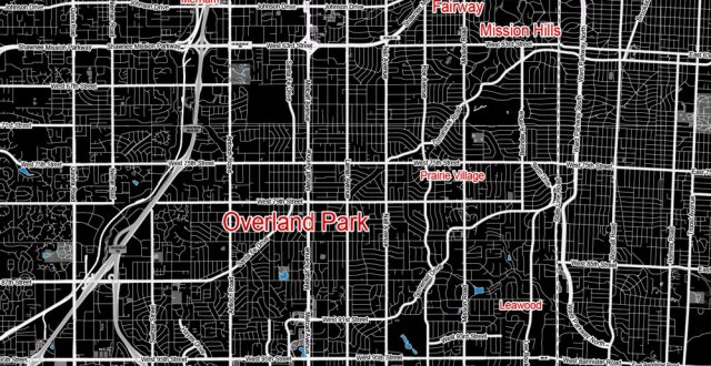 Kansas City Missouri US, exact vector Map City Plan scale 1:58371 BW ...