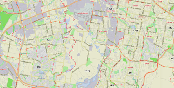 Brisbane PDF Map editable City Plan all ZIPcodes areas (POA) Street Map