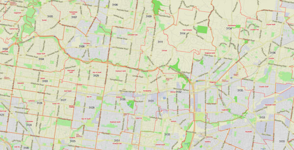 Melbourne Map PDF Vector Australia exact City Plan all ZIPcodes areas ...
