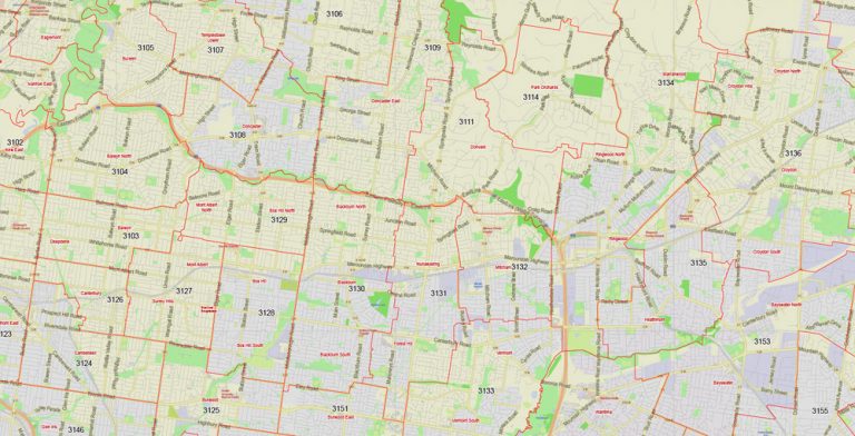 Melbourne Map PDF Vector Australia exact City Plan all ZIPcodes areas ...
