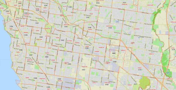 Melbourne Map PDF Vector Australia exact City Plan all ZIPcodes areas ...