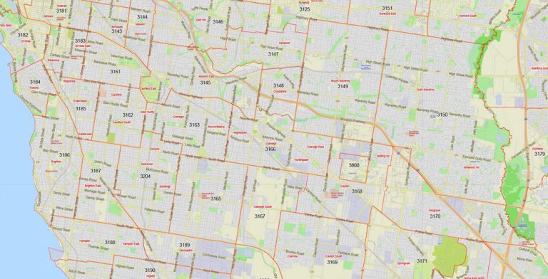 Melbourne Map PDF Vector Australia exact City Plan all ZIPcodes areas ...