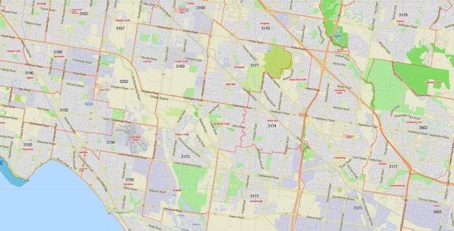Melbourne Map PDF Vector Australia exact City Plan all ZIPcodes areas ...