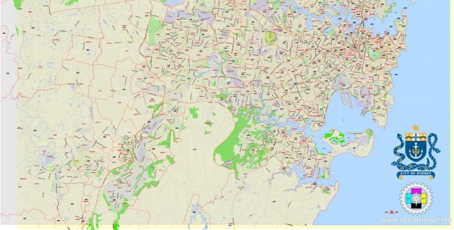 Sydney Map Vector Printable Australia exact City Plan all ZIPcodes ...