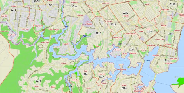 Sydney Map Vector Printable Australia exact City Plan all ZIPcodes ...