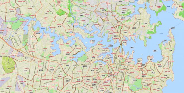 Sydney Map Vector Printable Australia exact City Plan all ZIPcodes ...