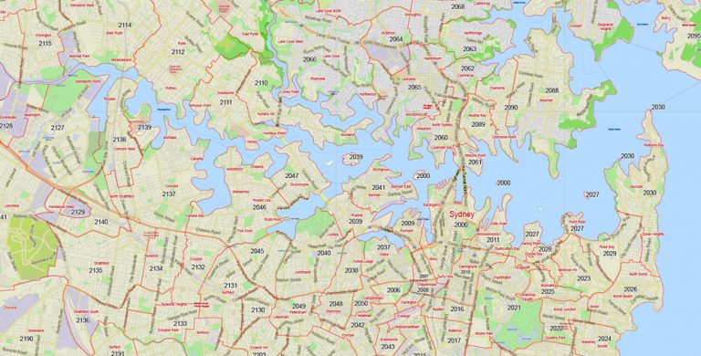 Sydney Map Vector Printable Australia exact City Plan all ZIPcodes areas (POA) Street Map ...
