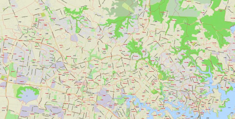 Sydney Map Vector Printable Australia exact City Plan all ZIPcodes ...