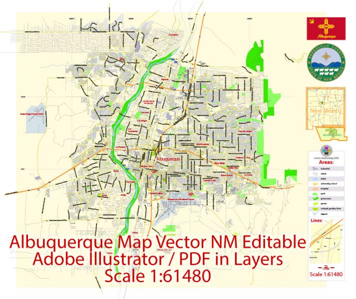 Albuquerque New Mexico US PDF Map Vector exact City Plan scale 1:61480 ...
