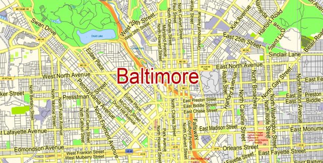 Baltimore Maryland US Map PDF Vector exact City Plan scale 1:58142 full ...