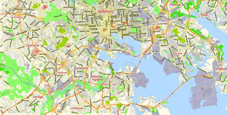 Baltimore Maryland US Map PDF Vector exact City Plan scale 1:58142 full ...