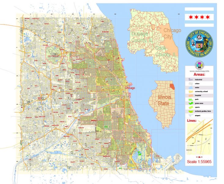 Chicago Map Vector Illinois US, exact City Plan scale 1:55965 full ...