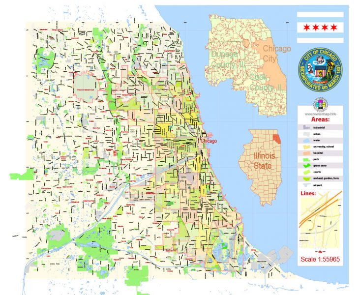 Chicago Map Vector Illinois US, exact City Plan scale 1:55965 full ...