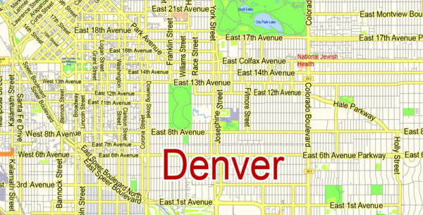 Denver Map PDF Vector Colorado US exact City Plan scale 1:57789 full ...
