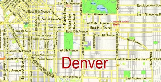 Denver Map PDF Vector Colorado US exact City Plan scale 1:57789 full ...