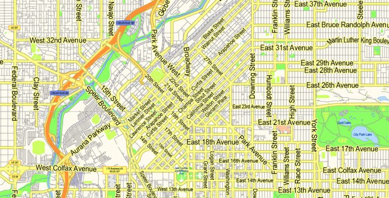Denver Map PDF Vector Colorado US exact City Plan scale 1:57789 full ...