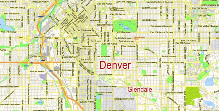 Denver Map PDF Vector Colorado US exact City Plan scale 1:57789 full ...