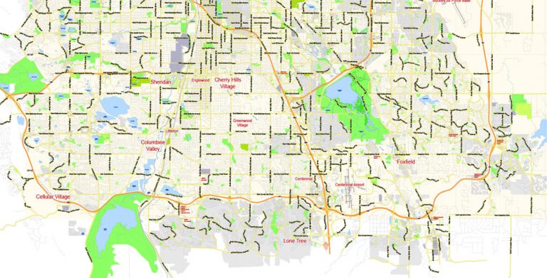 Denver Map PDF Vector Colorado US exact City Plan scale 1:57789 full ...