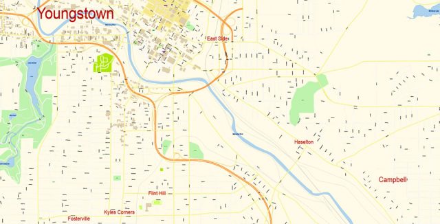 Youngstown Area PDF Map Vector Ohio extra detailed City Plan scale 1: ...