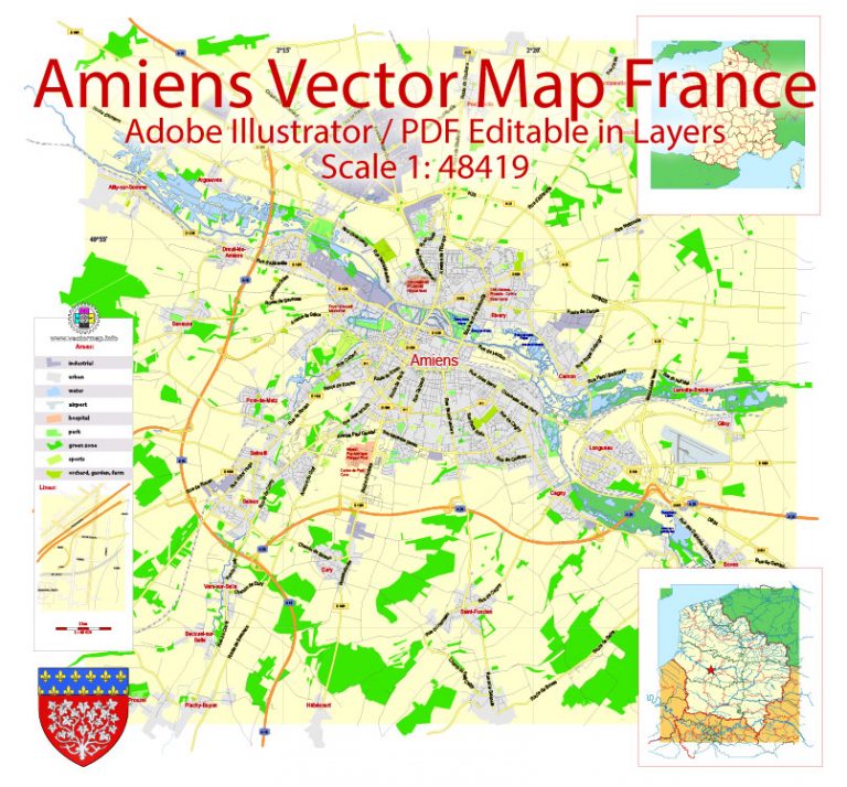 Amiens, France printable vector street City Plan map, full editable ...