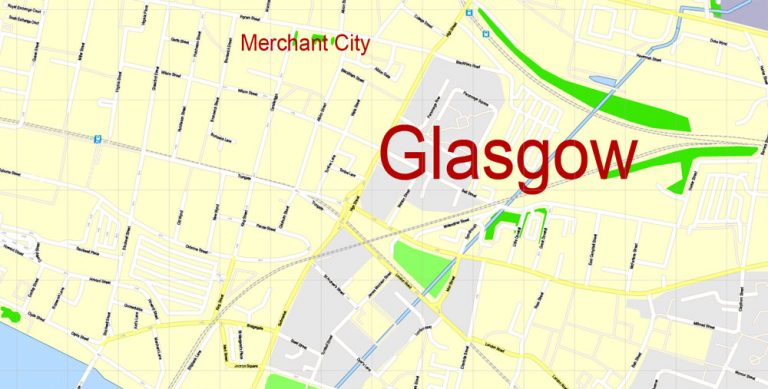 Glasgow Map Vector Scotland UK Printable exact Detailed City Plan scale ...