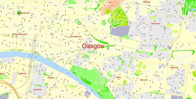 Glasgow Map Vector Scotland UK Printable exact Detailed City Plan scale ...