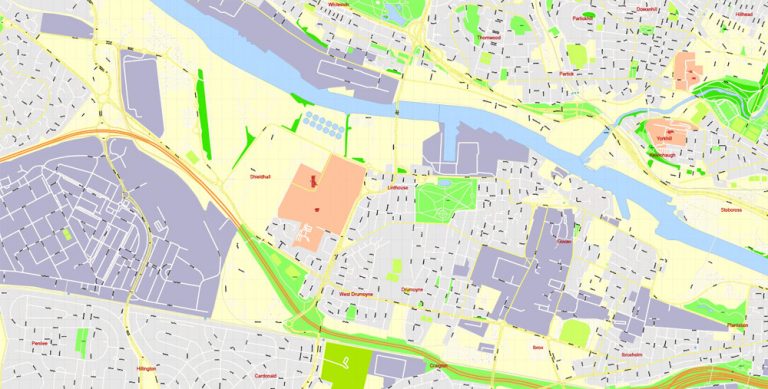 Glasgow Map Vector Scotland UK Printable exact Detailed City Plan scale ...