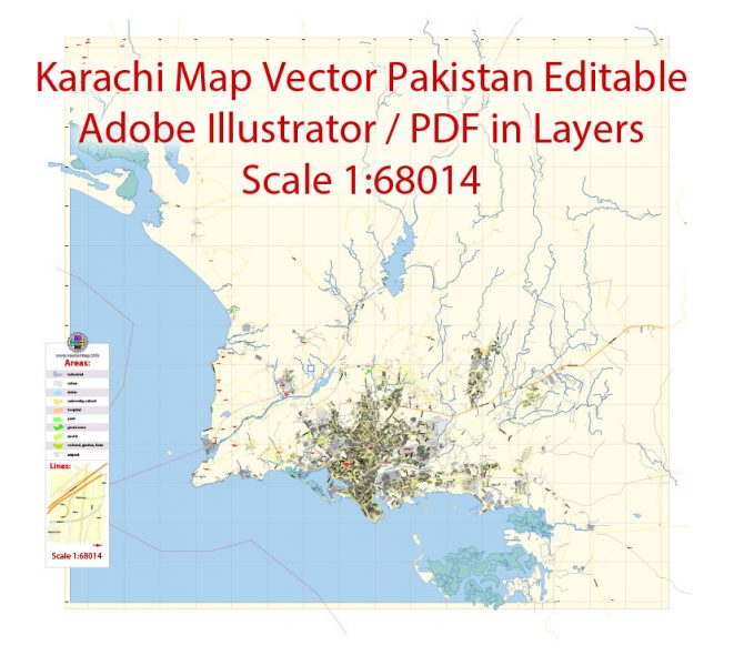 Karachi Map Vector Pakistan EN low detailed City Plan editable Adobe ...