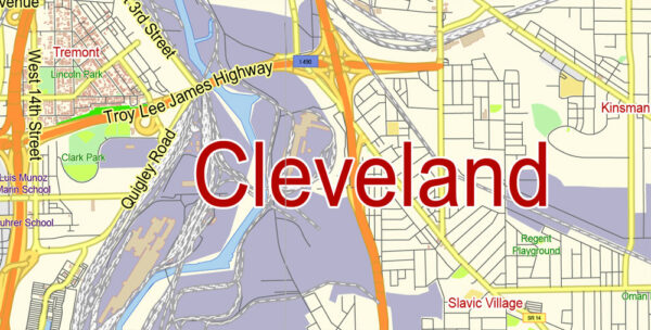 Cleveland PDF Map Ohio US low detailed City Plan for small print size ...