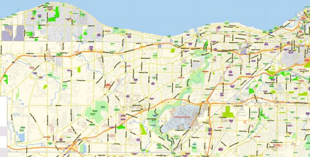 Cleveland PDF Map Ohio US low detailed City Plan for small print size ...