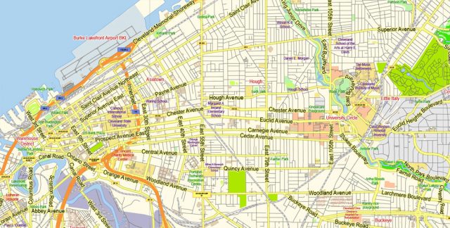 Cleveland PDF Map Ohio US low detailed City Plan for small print size ...